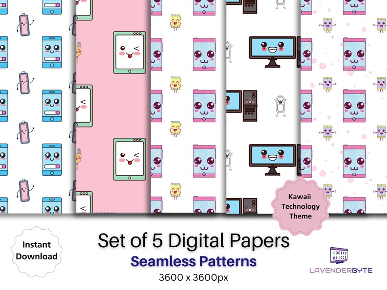 Tech Cute Digital Paper Collection| Kawaii Designs for Scrapbooking ...