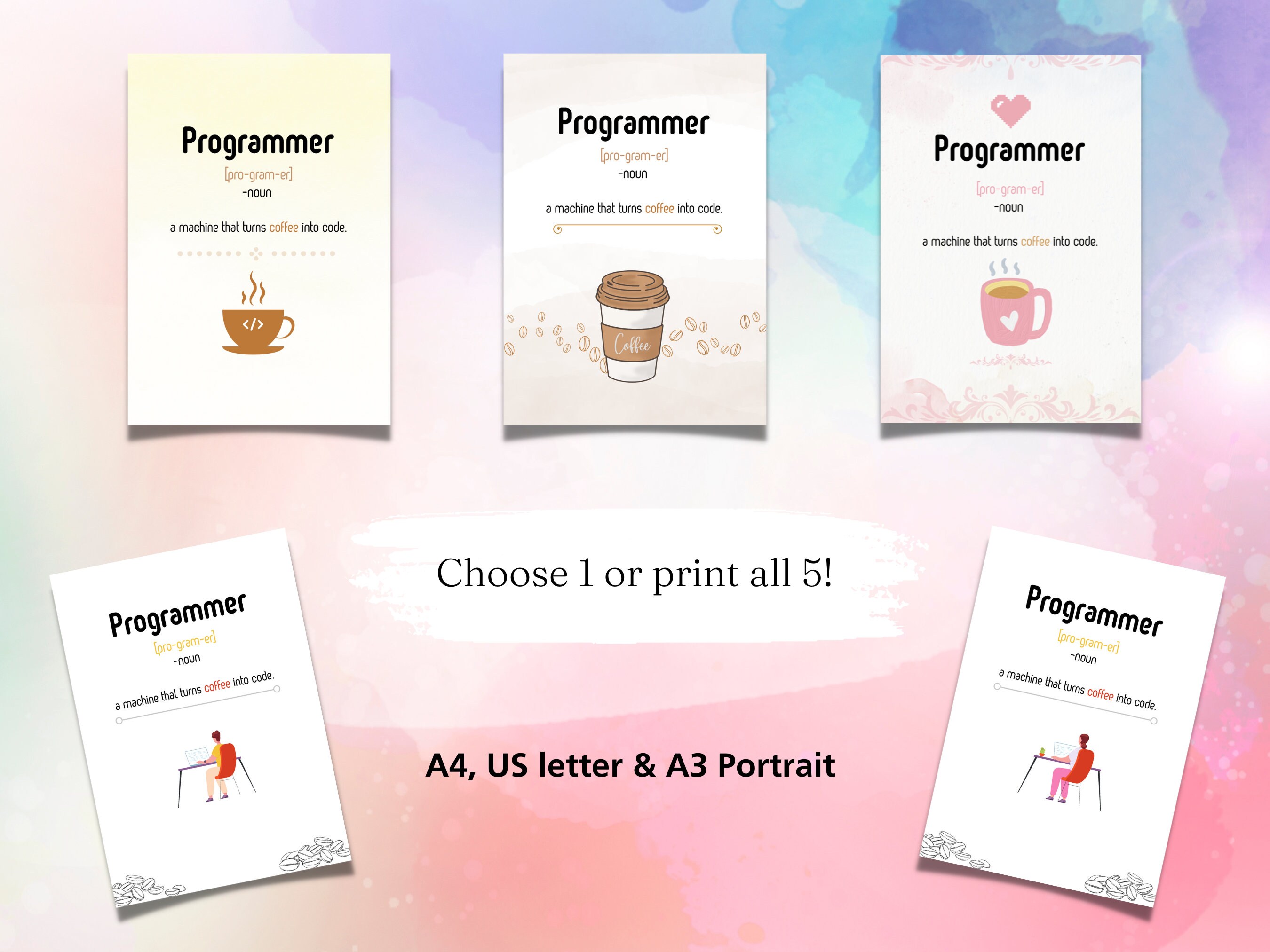 Programmer Funny IT Posters X5 - Office Humour Prints, Wall Decor Art ...