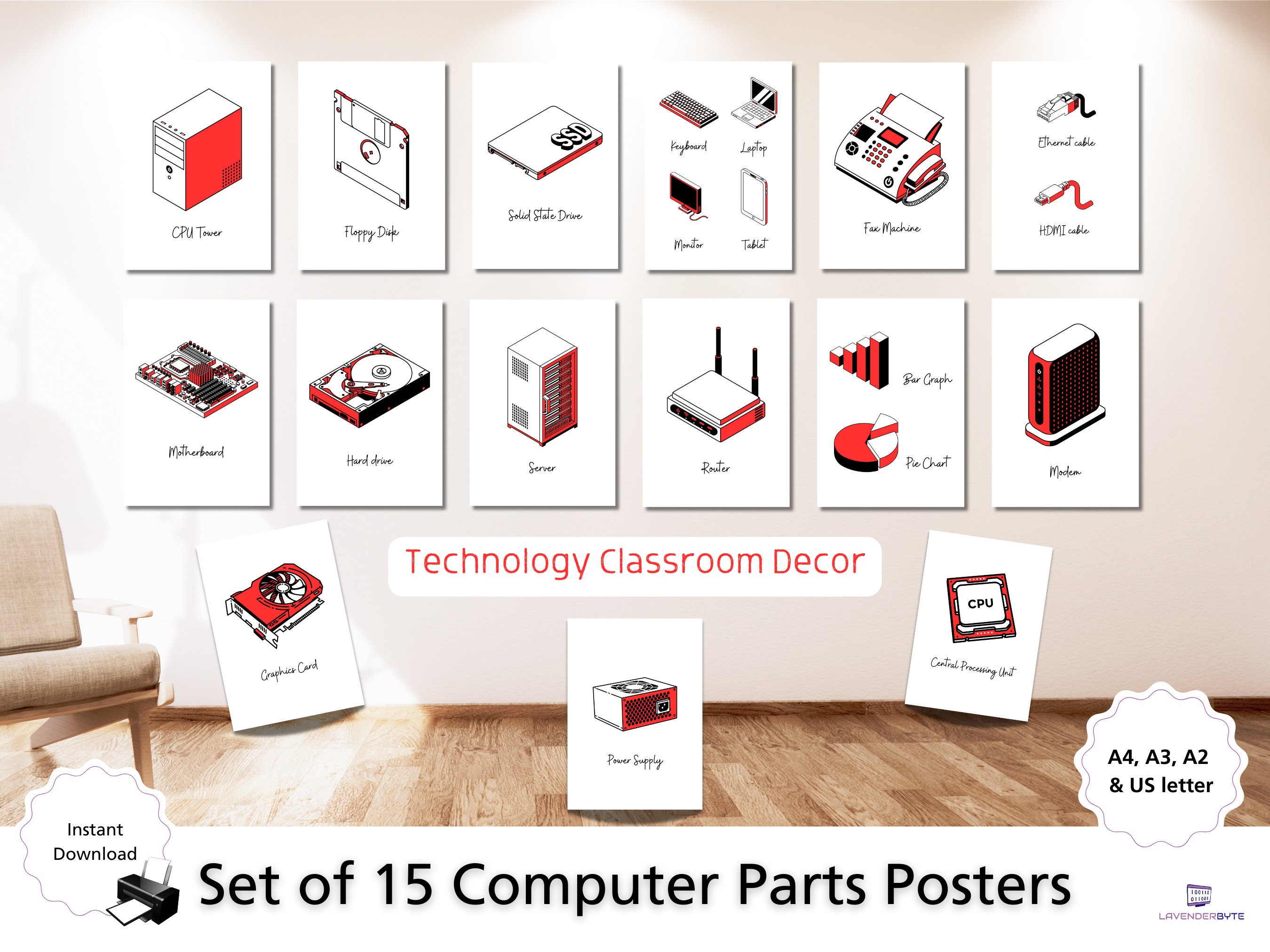 Tech Art Decor Computer Parts Prints - Tech Classroom Posters Set of 15 ...