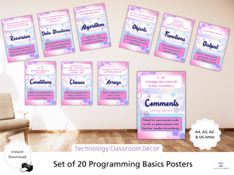 Programming Cheat Sheet Posters - Coding Basics Computer Science Technology Classroom Bundle Set ...