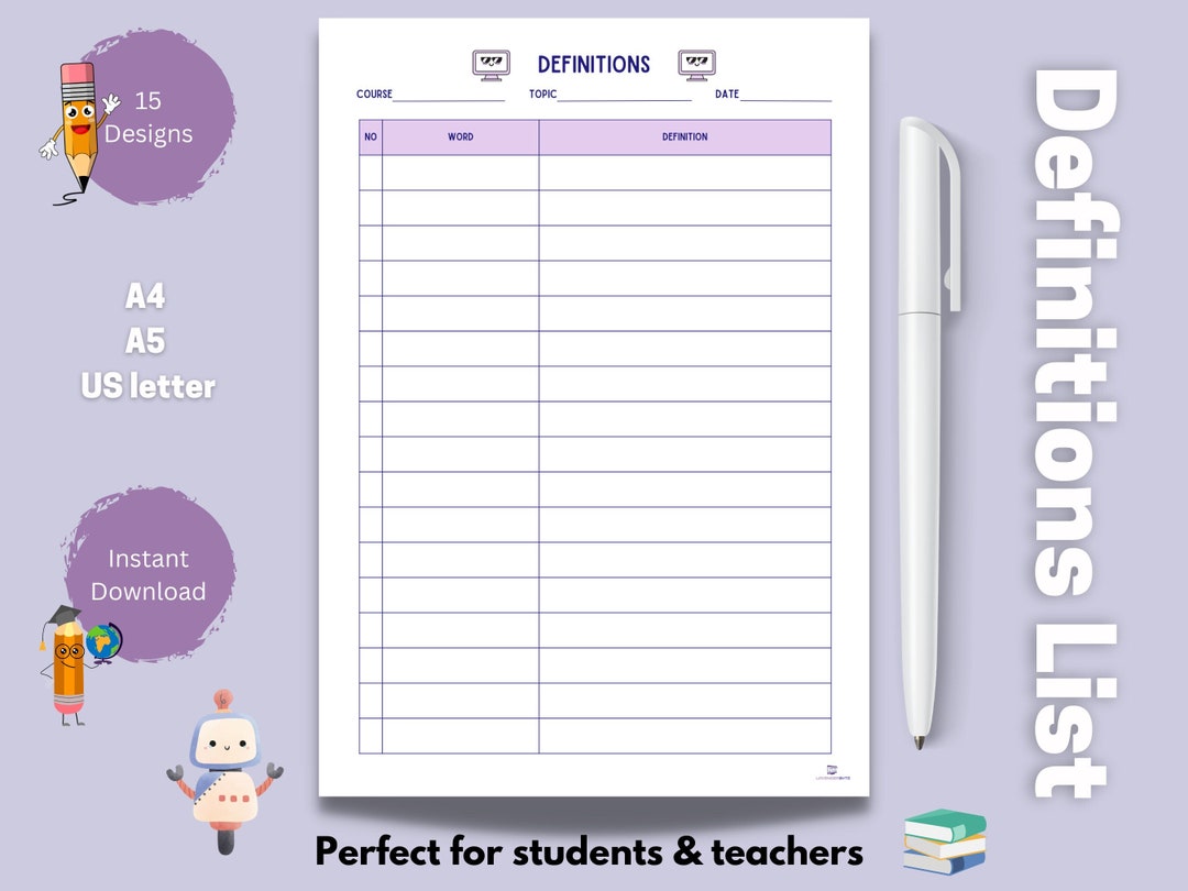 Definitions Study Template Student Revision Tracker Checklist Printable ...