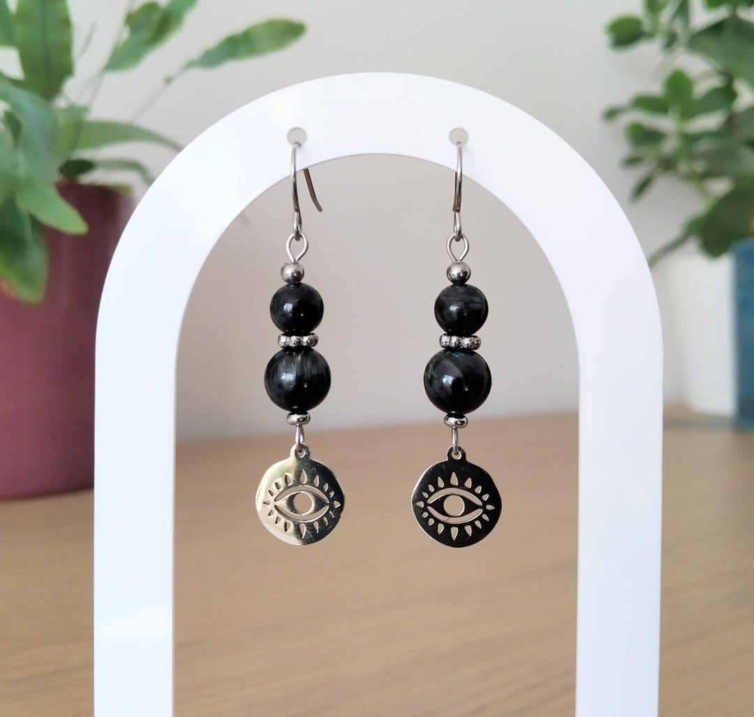 Earrings Astrophyllite Bead Stone Eye Silver Stainless Steel - Etsy