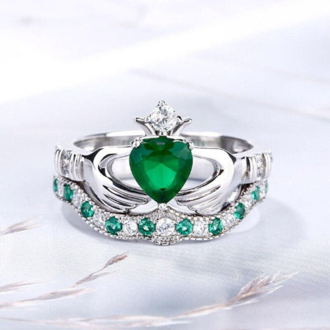 Heart Crown Ring Set 2.0 Ct Emerald Ring 14K White Gold - Etsy