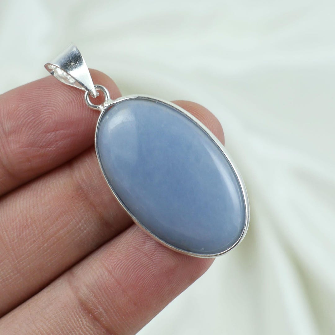 Blue Angelite Pendant, 925 Sterling Silver Pendant, Oval Shape Pendant ...