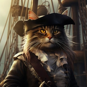 Pirate Cat Art Nautical Animal Portrait, Adventure-themed Decor ...