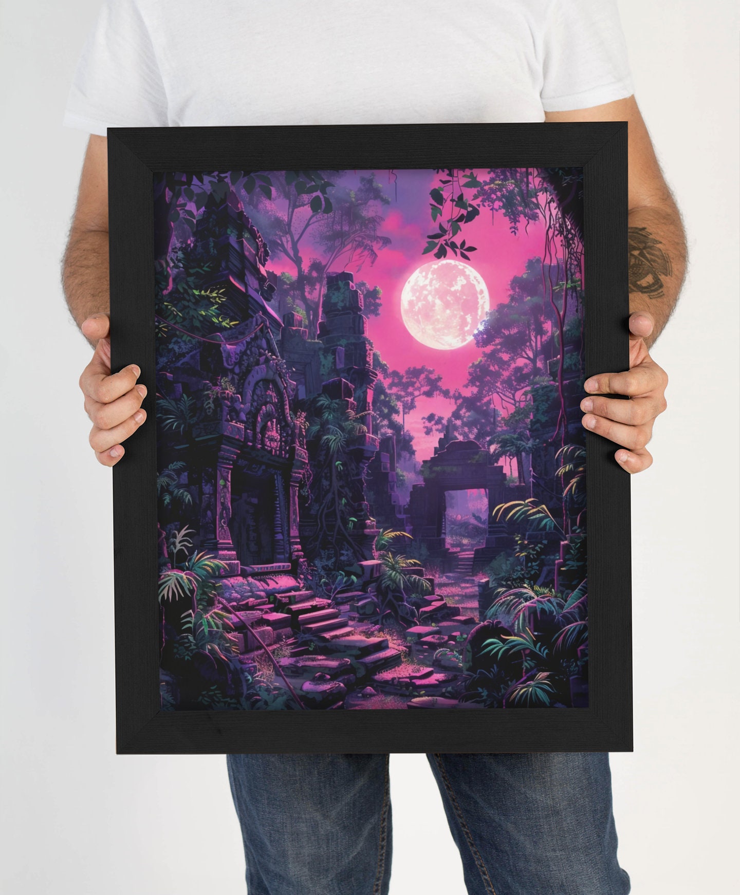 Magenta Moon Lit Mystery Jungle Digital Art Print Wall Art AI Generated ...