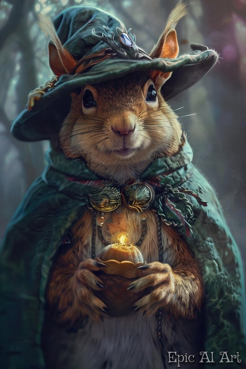 Mystical Squirrel Wizard Forest Fantasy Animal Art, Magical Woodland ...