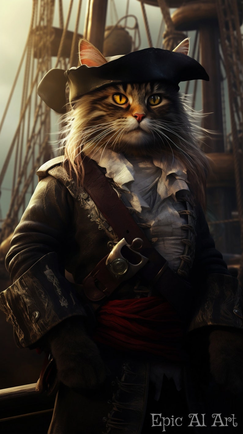 Pirate Cat Art Nautical Animal Portrait, Adventure-themed Decor ...