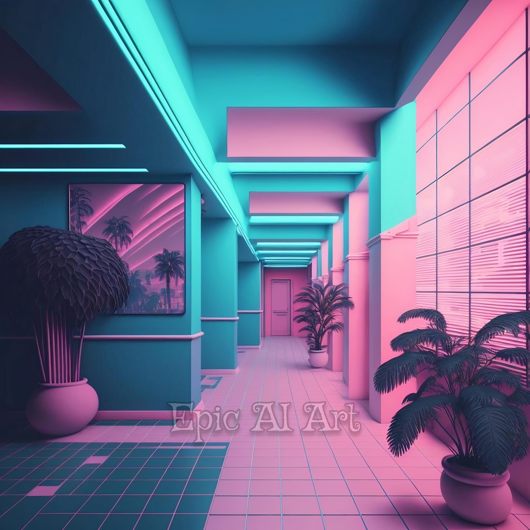 Vaporwave Neon Hallway – Digital Download, Dreamy Retro Interior Art ...