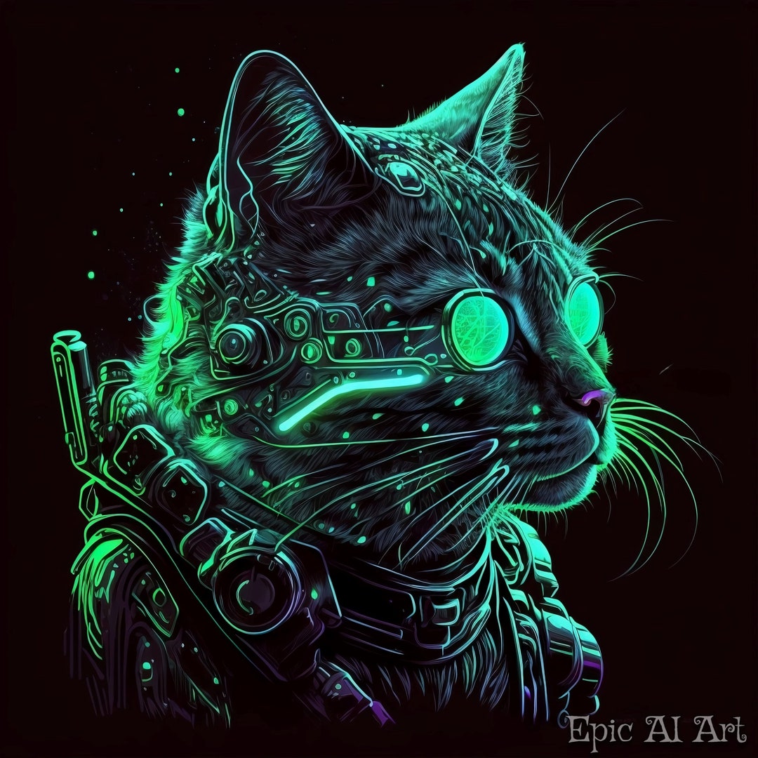 Cyberpunk Cat Art With Futuristic Neon Green Cybernetic Details, High ...