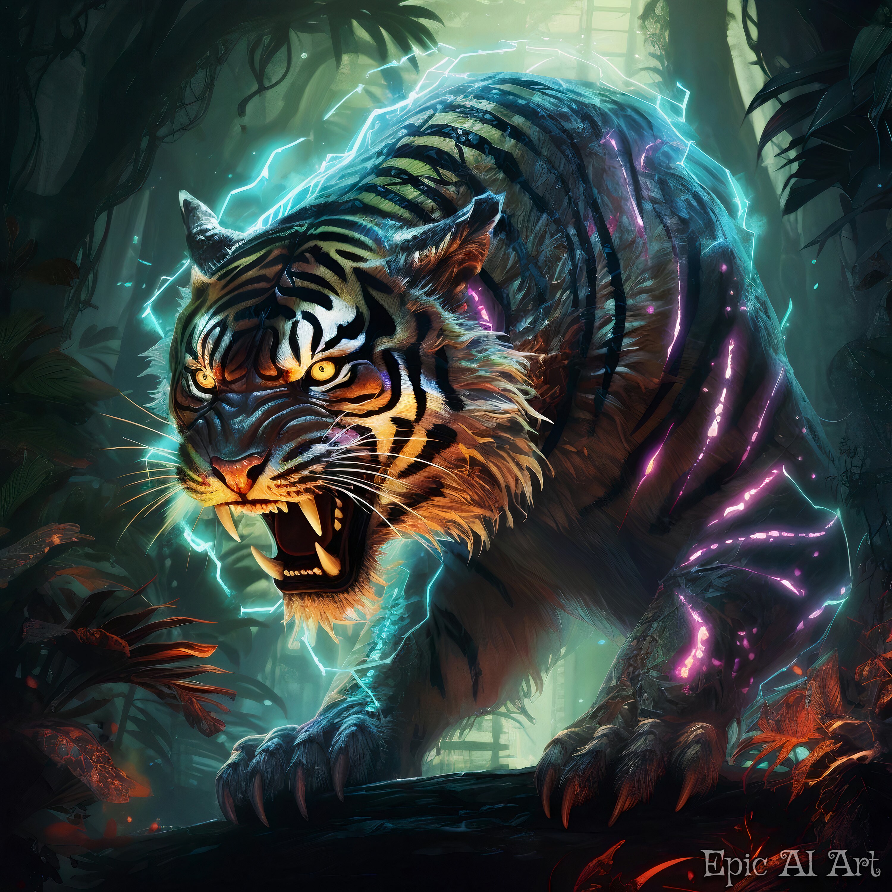 Energy Infused Tiger Digital Art Print Wall Art AI Generated Fantasy AI ...