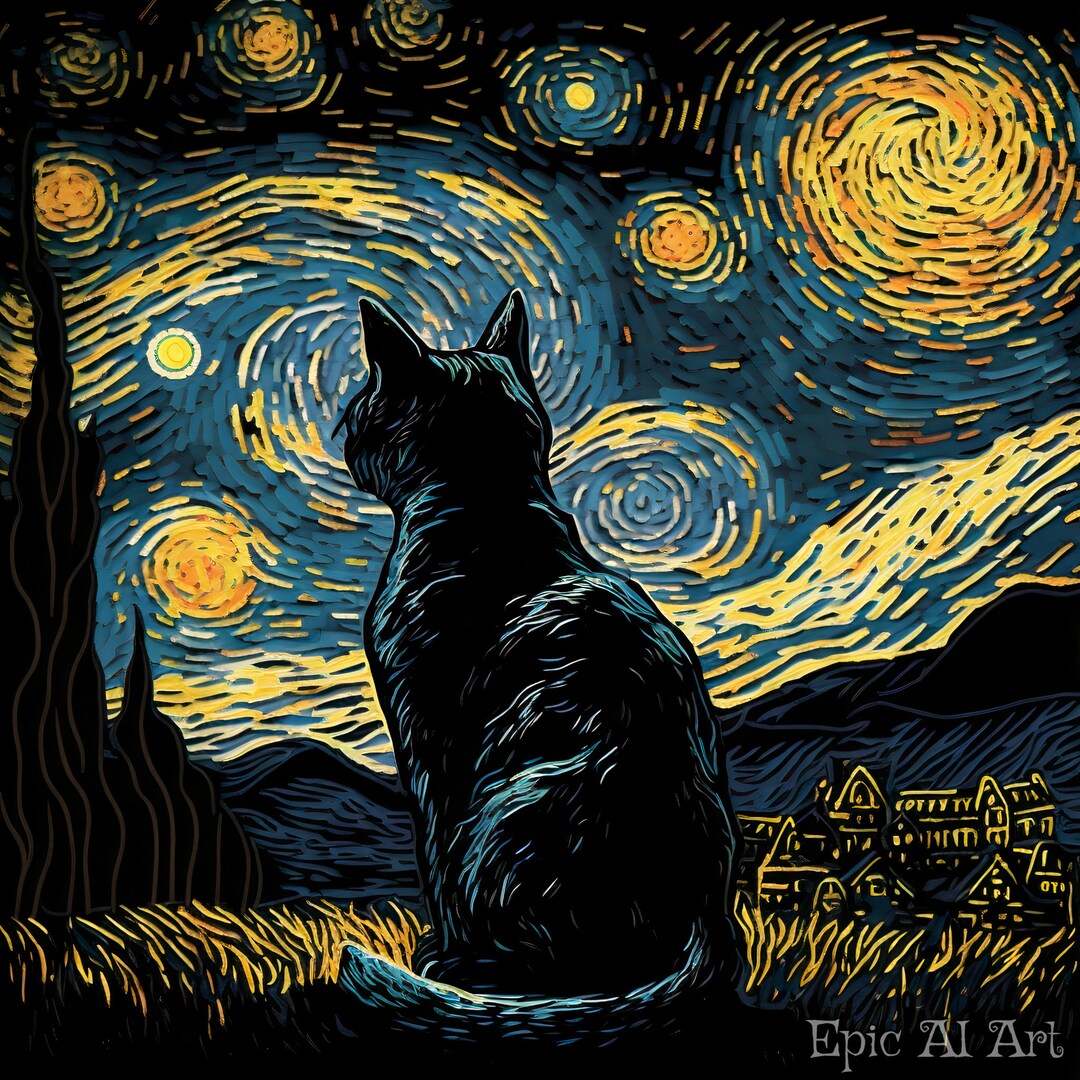 Starry Cat Black Cat Starry Night, Van Gogh Inspired, Celestial Cat ...