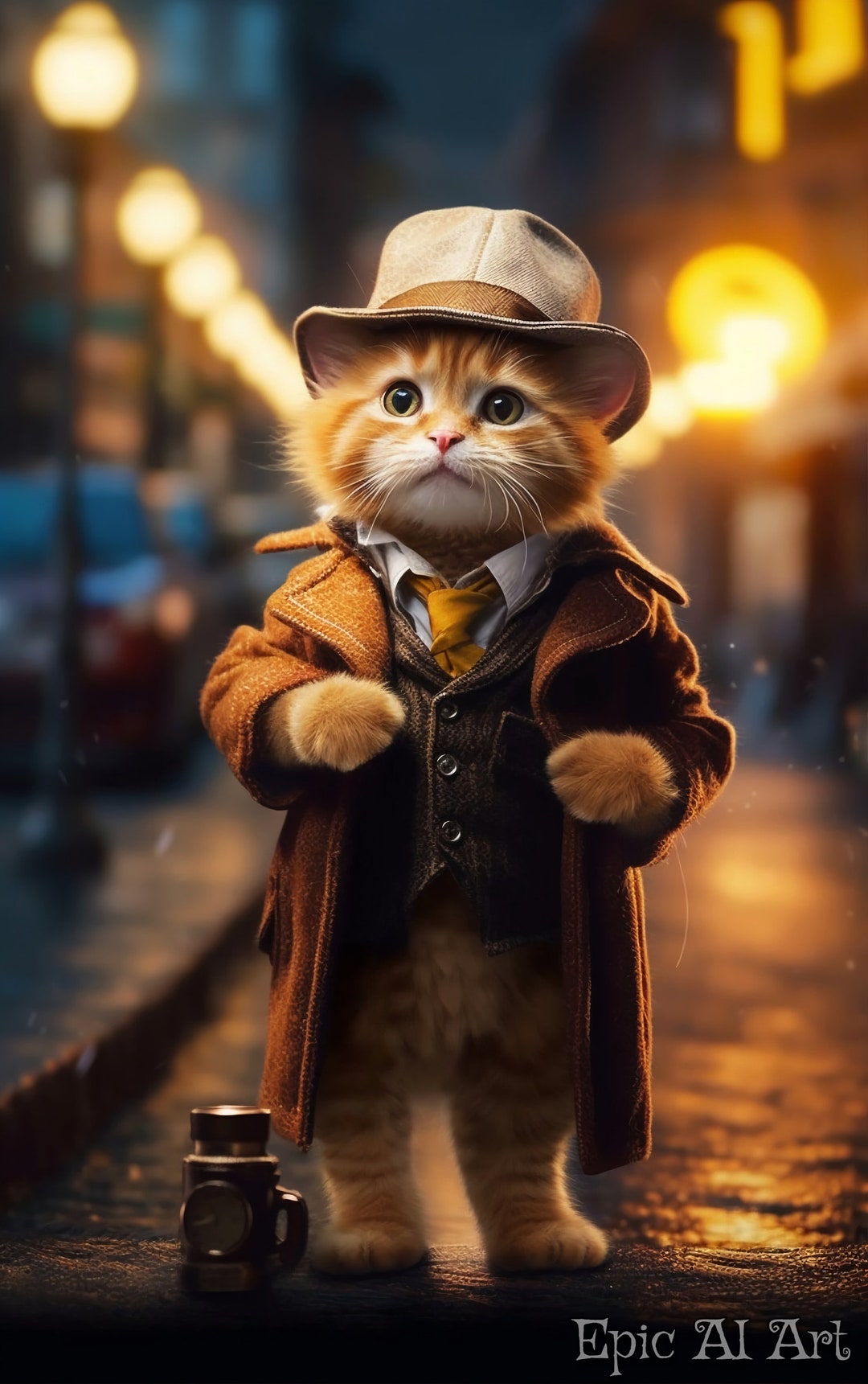 Elegant Cat Detective Art - Ginger Feline Investigator, Misty City ...