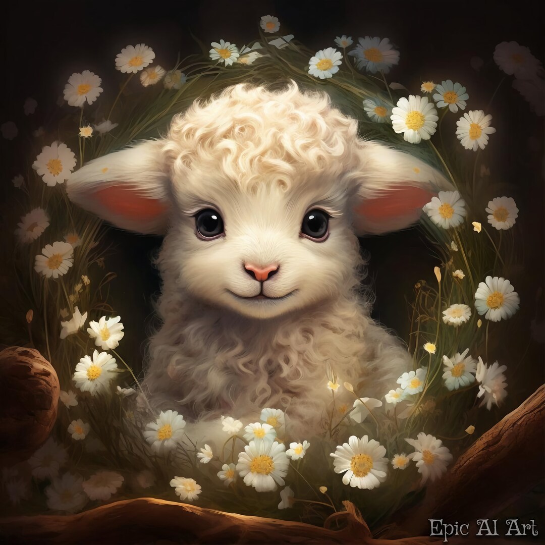 Cute Baby Lamb Art Adorable Lamb Portrait, Floral Fantasy Illustration ...