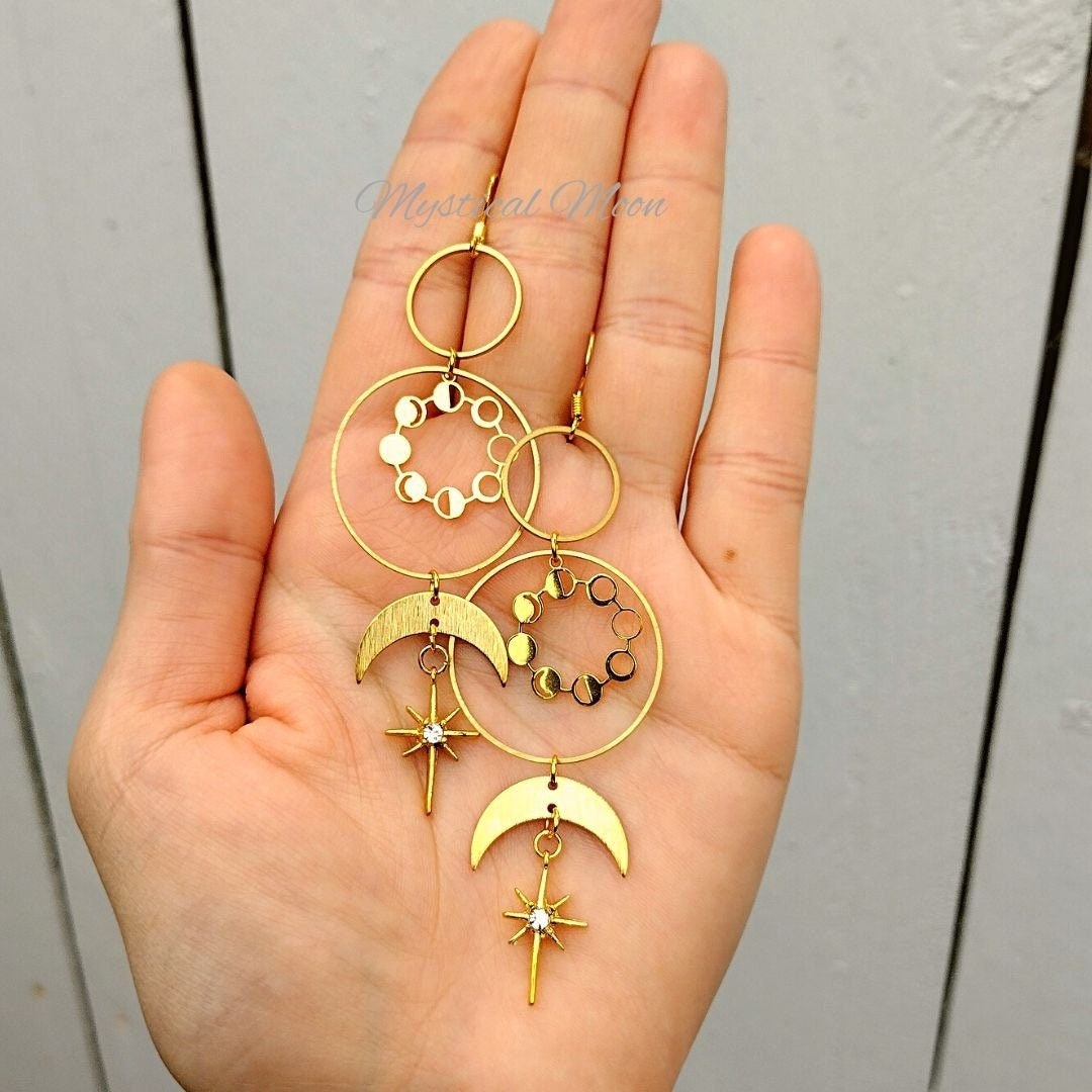 Cosmic Moon Phases Dangle Earrings With Stars and Crescent Moon Ethereal Jewelry Handmade ...