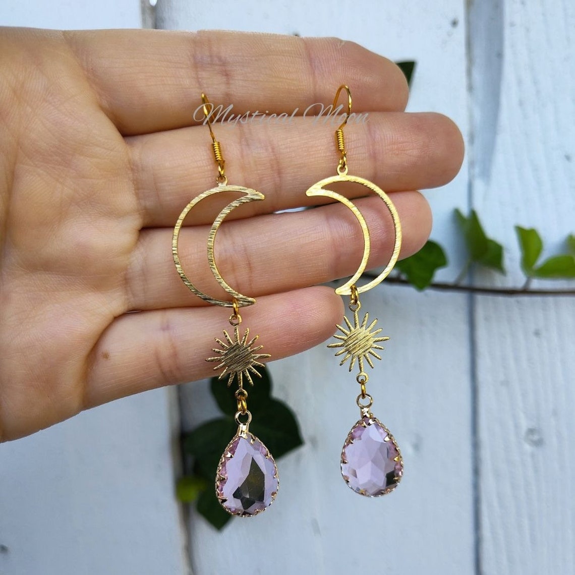 Celestial Crescent Moon Earrings With Pink Crystal Drops Sun and Moon Dangle Earrings Handmade ...