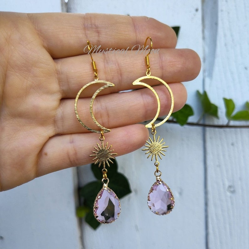 Celestial Crescent Moon Earrings With Pink Crystal Drops Sun and Moon Dangle Earrings Handmade ...