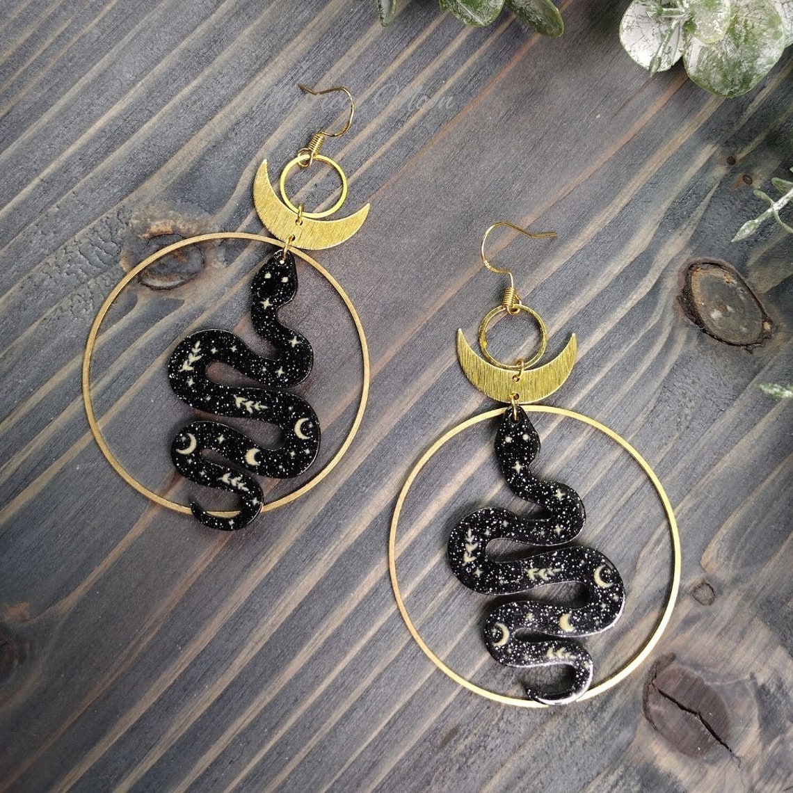 Large Loop Hoop Earrings Black Glitter Snake and Moon Design Serpent - Etsy