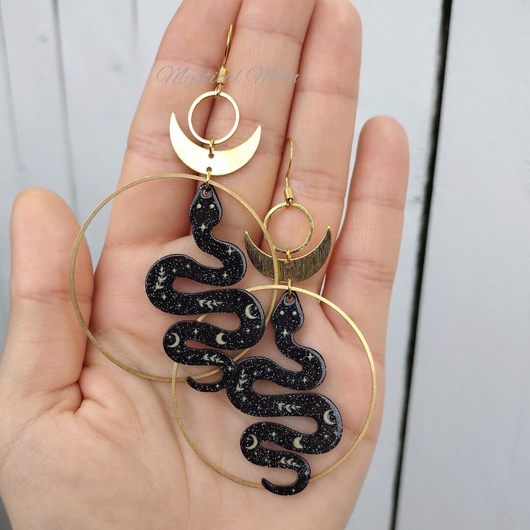 Large Loop Hoop Earrings Black Glitter Snake and Moon Design Serpent - Etsy