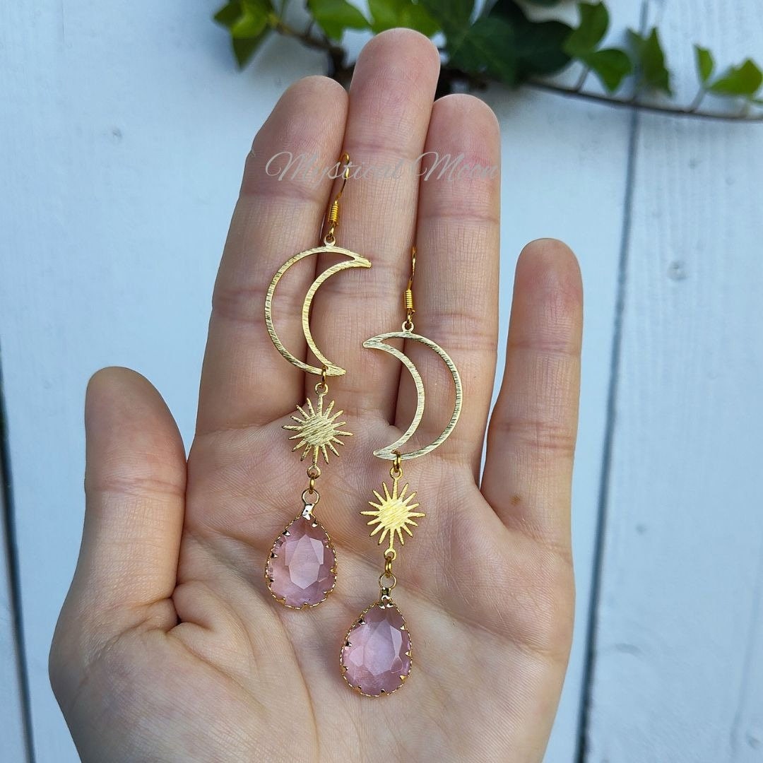 Celestial Crescent Moon Earrings With Pink Crystal Drops Sun and Moon Dangle Earrings Handmade ...