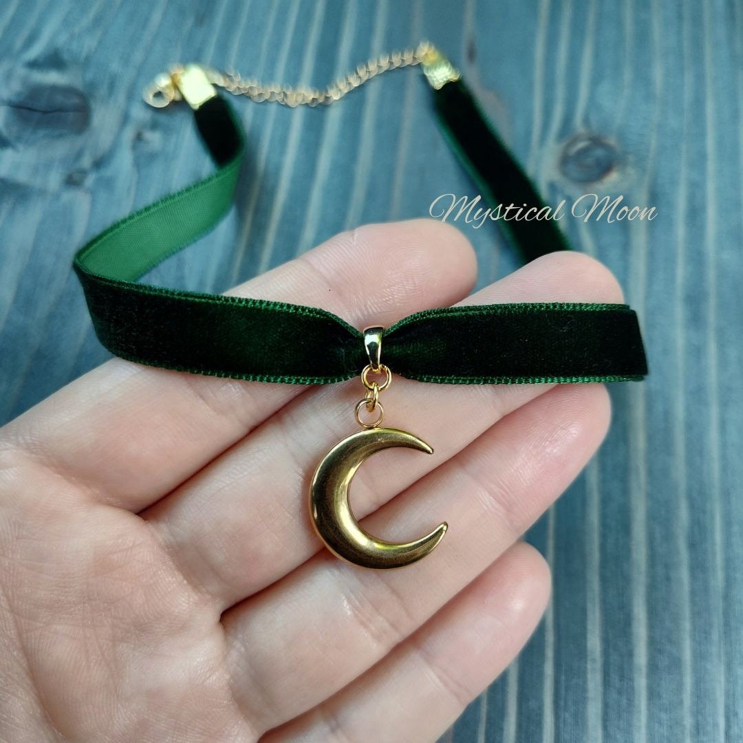 Dark Hunter Green Velvet Choker Necklace With Golden Crescent Moon ...
