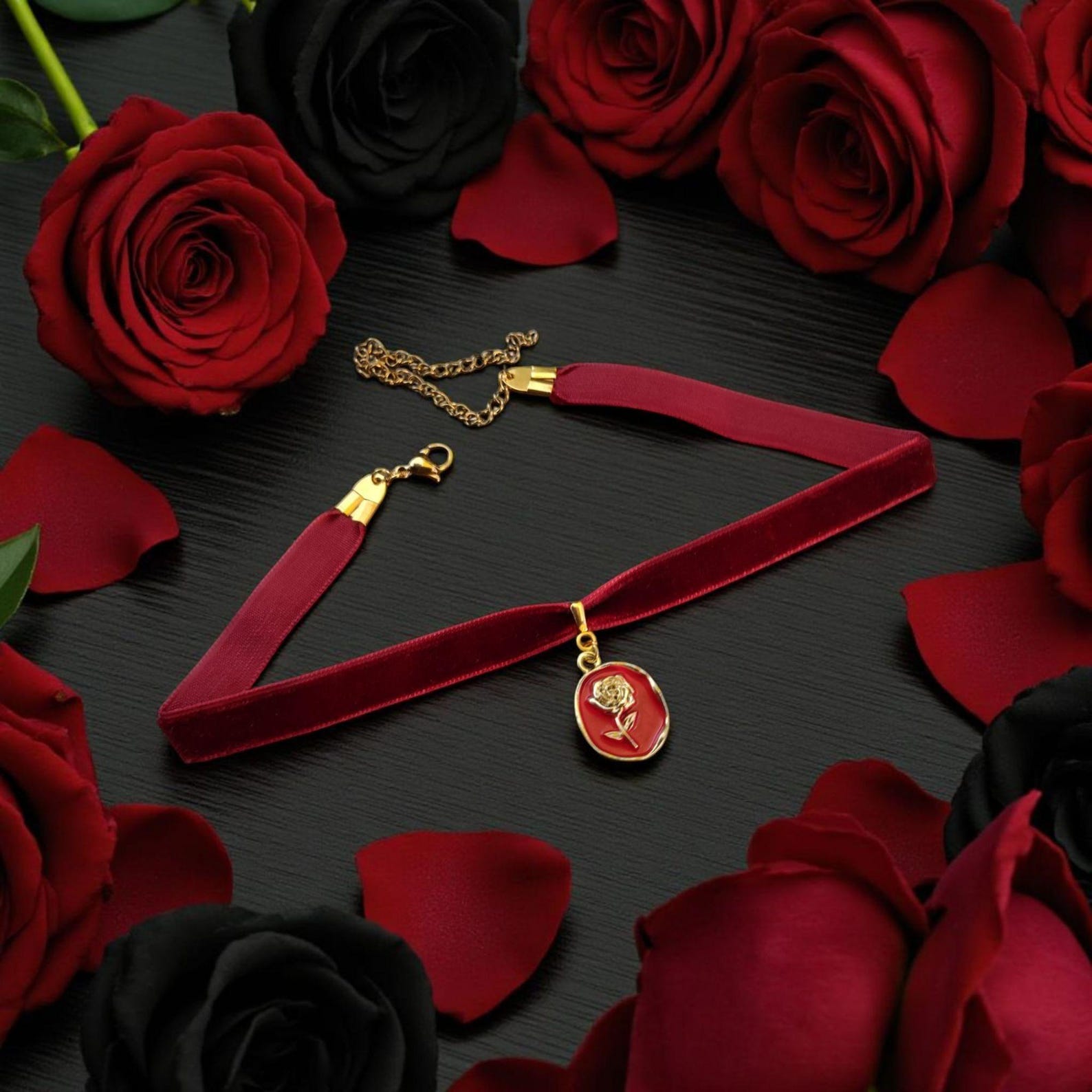 Red Velvet Rose Choker Necklace With Gold Enamel Pendant Adjustable ...