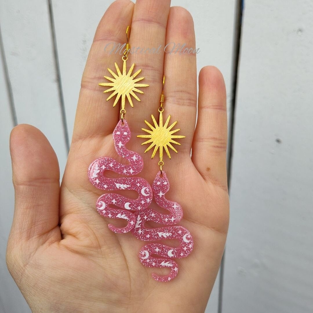 Mystical Pink Snake Serpent Moon Phases Dangle Earrings Stars Gothic ...