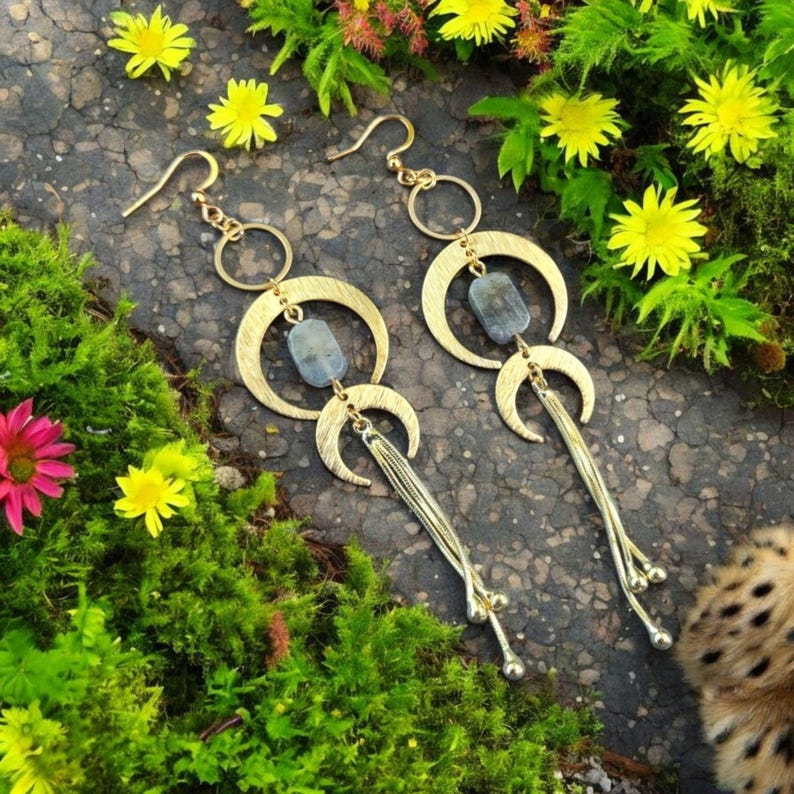 Celestial Labradorite Crescent Moon Earrings With Gold Moons and Long ...