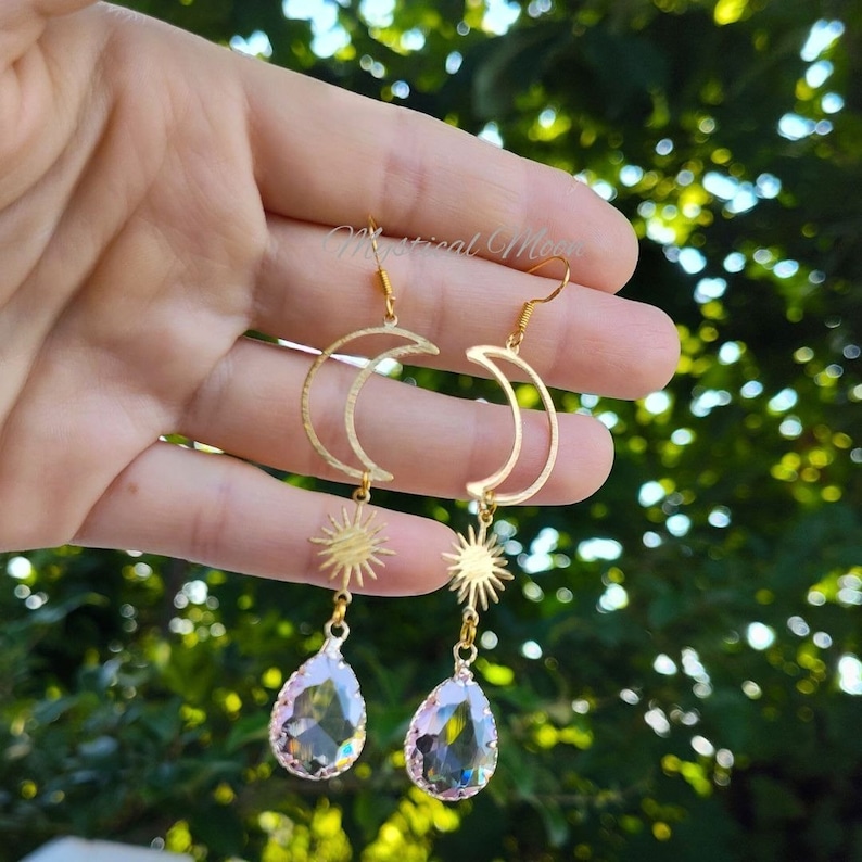 Celestial Crescent Moon Earrings With Pink Crystal Drops Sun and Moon Dangle Earrings Handmade ...