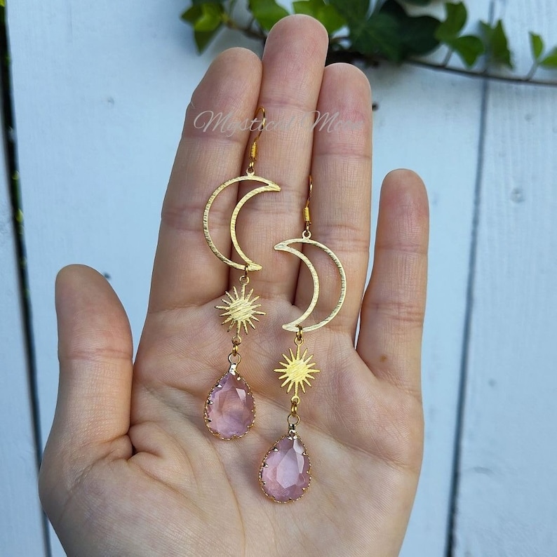 Celestial Crescent Moon Earrings With Pink Crystal Drops Sun and Moon Dangle Earrings Handmade ...