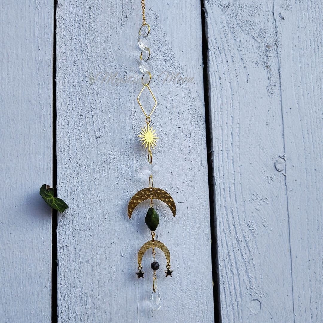 Crescent Moon Wall Decor Witchy Wiccan Ornament Green Gemstone ...