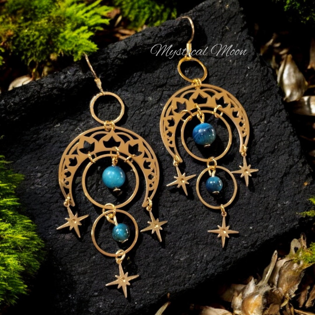 Astral Crescent Moon Celestial Chandelier Earrings With Blue Tigers Eye ...