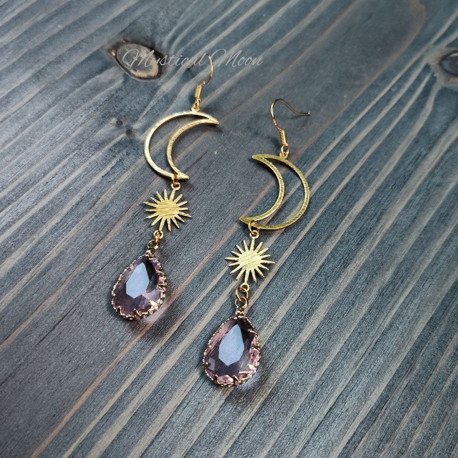Celestial Crescent Moon Earrings With Pink Crystal Drops Sun and Moon Dangle Earrings Handmade ...