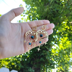 Astral Crescent Moon Celestial Chandelier Earrings With Blue Tigers Eye ...
