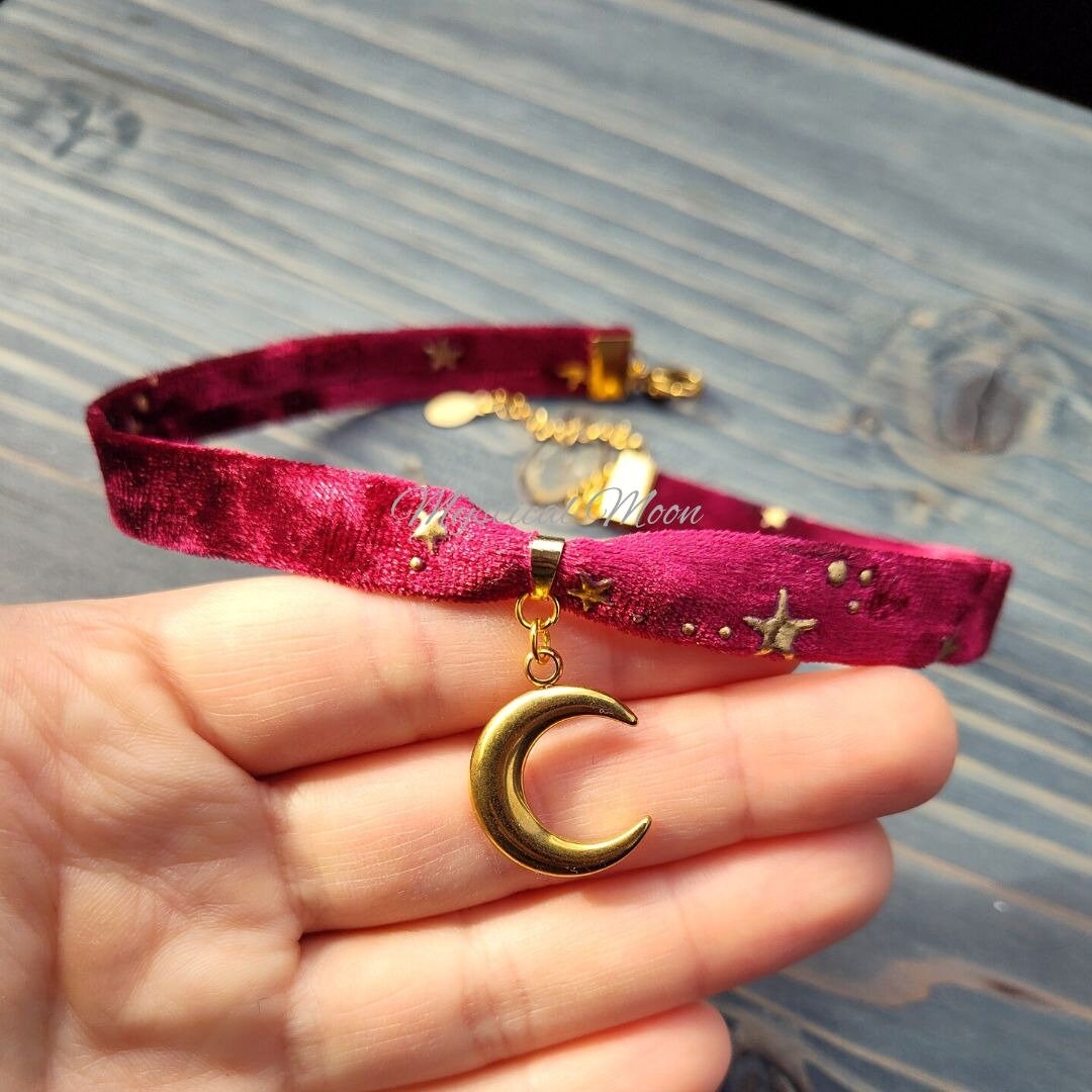 Night Sky Celestial Crescent Moon Charm Pendant Velvet Choker Necklace ...