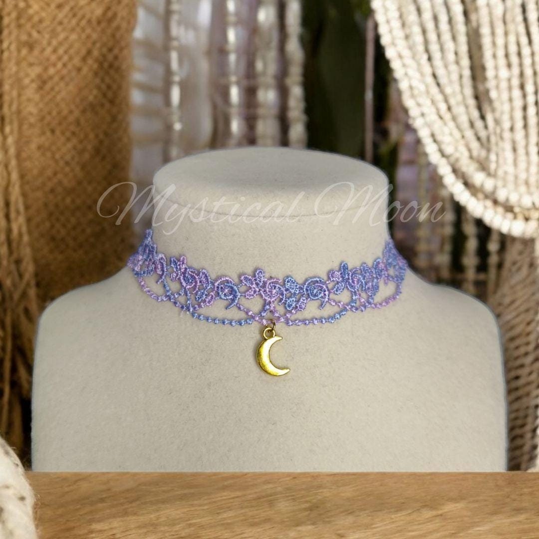 Lavender Lace Choker Floral Necklace With Gold Moon Charm Fairycore ...