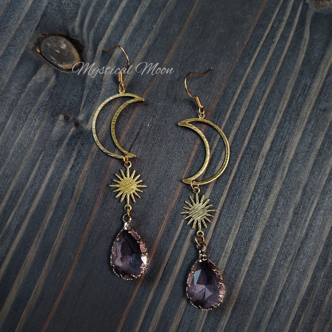 Celestial Crescent Moon Earrings With Pink Crystal Drops Sun and Moon Dangle Earrings Handmade ...