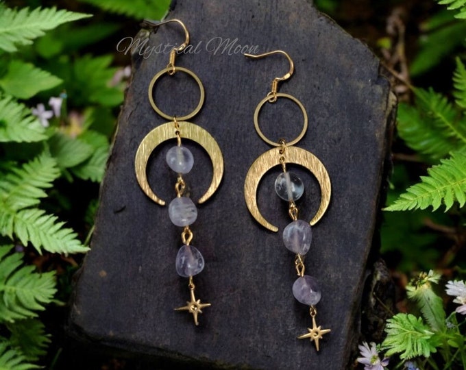 Light Amethyst Purple Long Dangle Earrings Magical Moon Gemstones ...