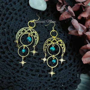 Astral Crescent Moon Celestial Chandelier Earrings With Blue Tigers Eye ...