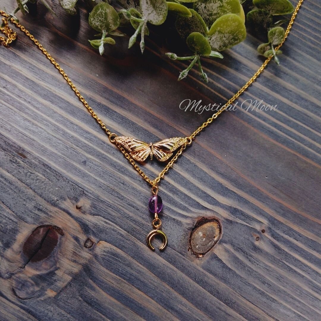 Butterfly Moth Necklace With Amethyst Gemstone and Crescent Moon ...