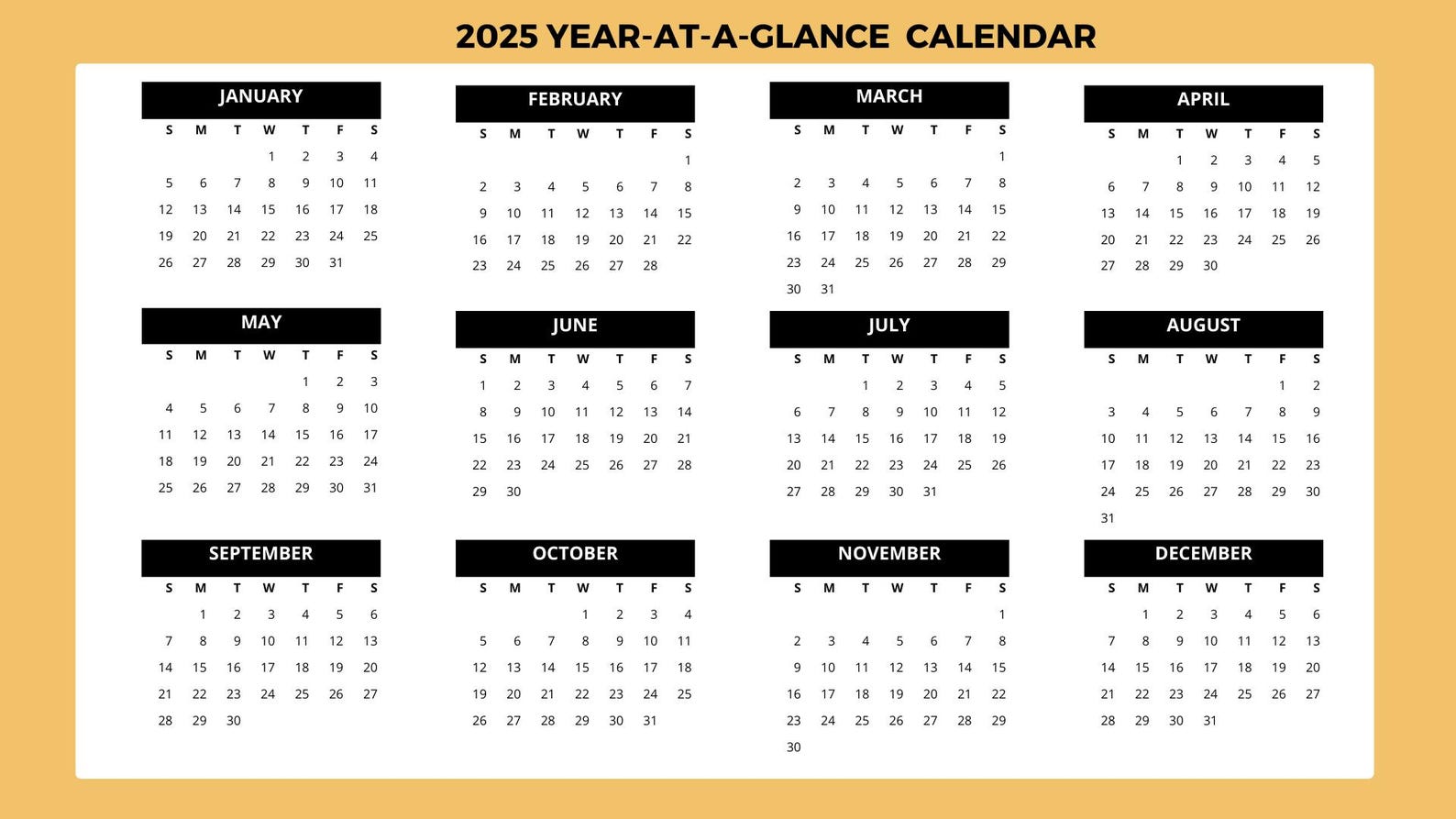 2025 Calendar Year at a Glance Black, White, and Gold 12 Month Single ...