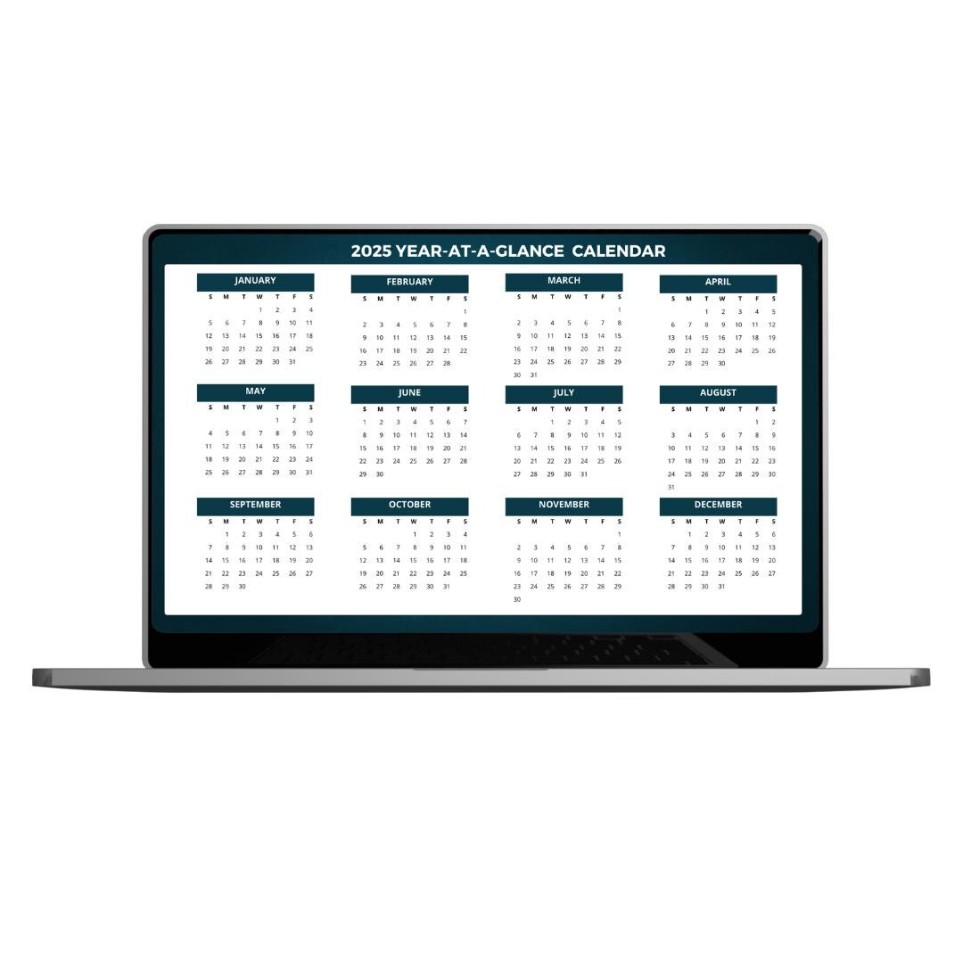 2025 Calendar Year at a Glance Turquoise and White 12 Month Single Page ...