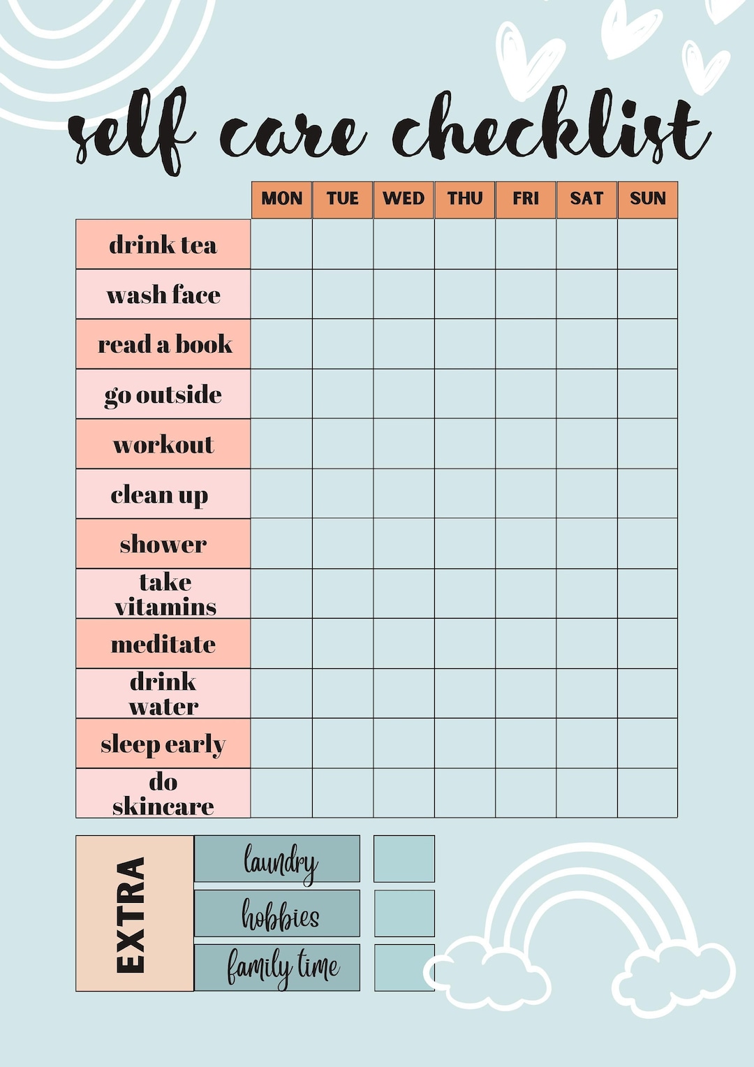 Weekly Self Care Checklist Digital File Etsy