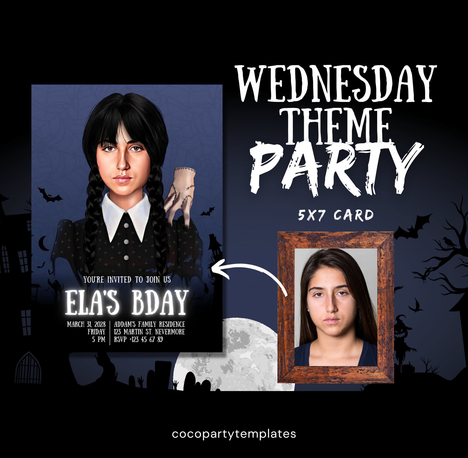 Printable Wednesday Addams Invitation Card, Wednesday Party Invitation ...
