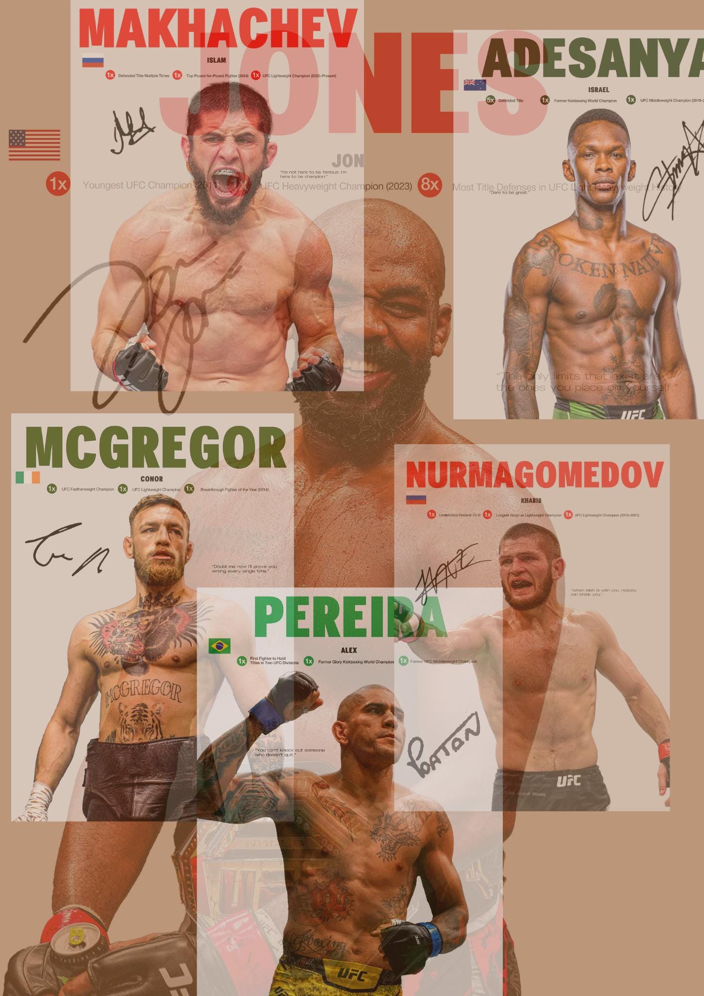 Premium Wall Art UFC Legends Posters, MMA Fighters Wall Art 6 Pack ...