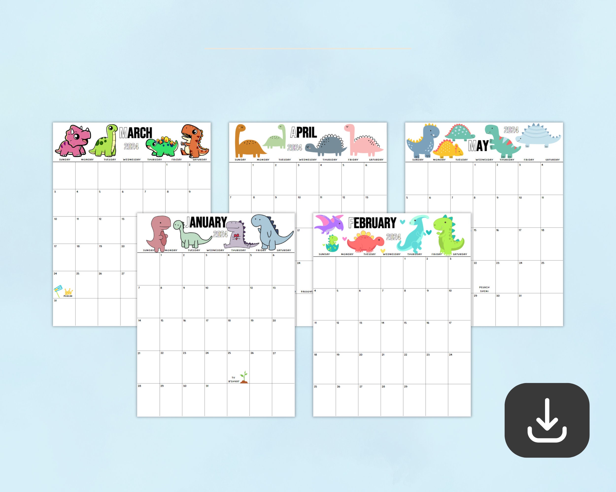 Dinosaur Calendar | Printable 2024 Calendar | Cute Dinosaur Calendar ...