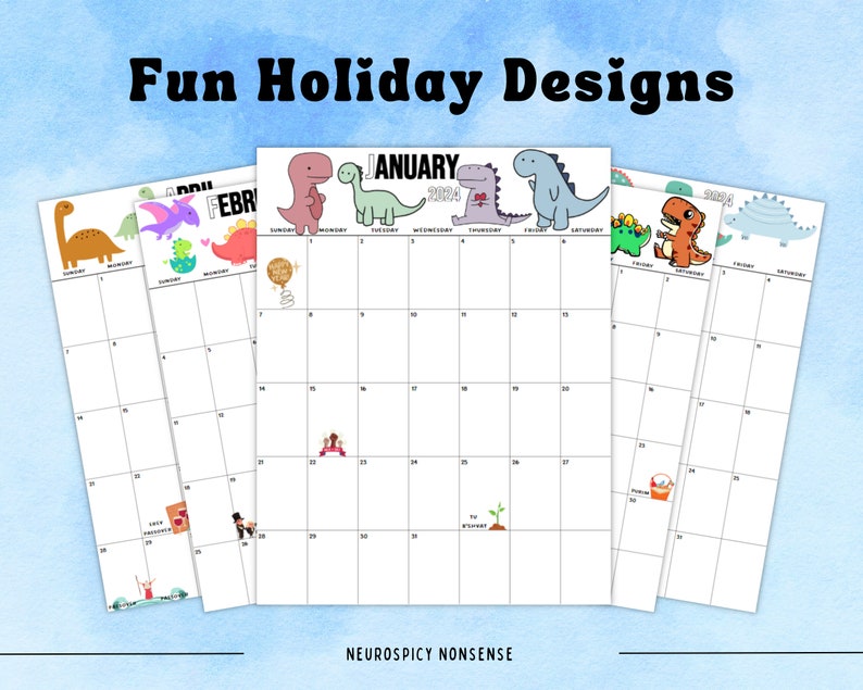 2024 Dinosaur Printable Monthly Calendar With Jewish and US Holidays ...