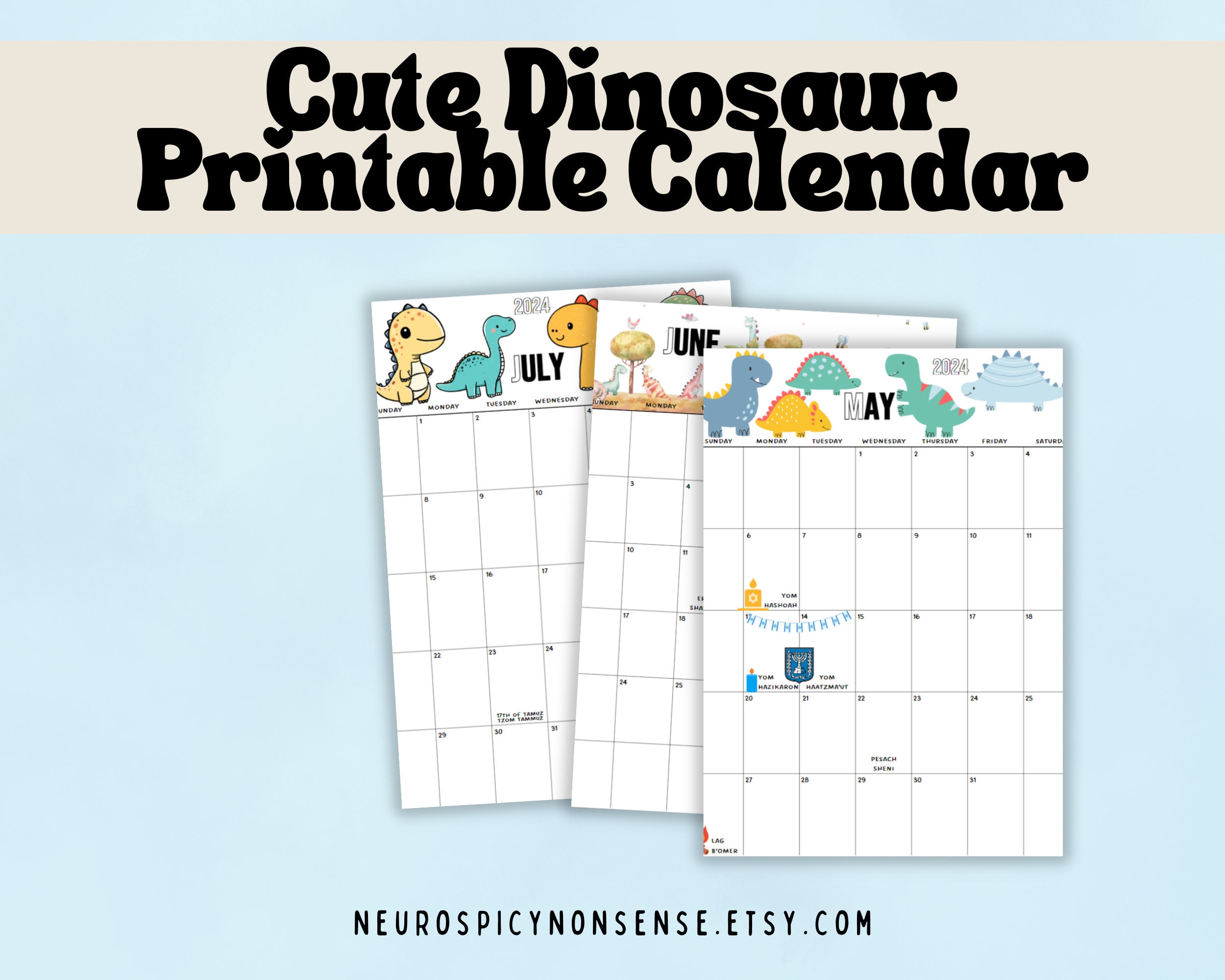 Dinosaur Calendar | Printable 2024 Calendar | Cute Dinosaur Calendar ...