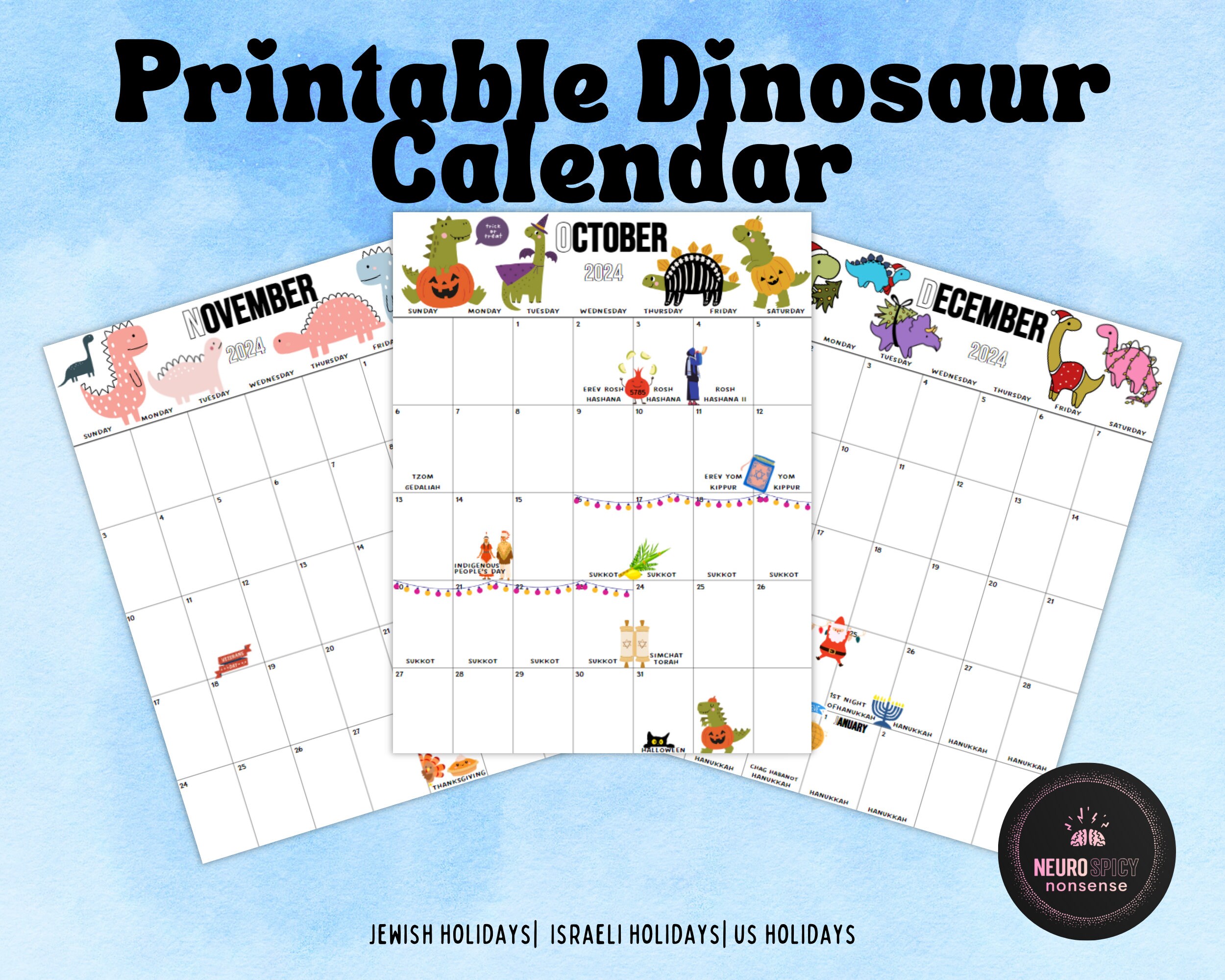 2024 Dinosaur Printable Monthly Calendar With Jewish and US Holidays ...