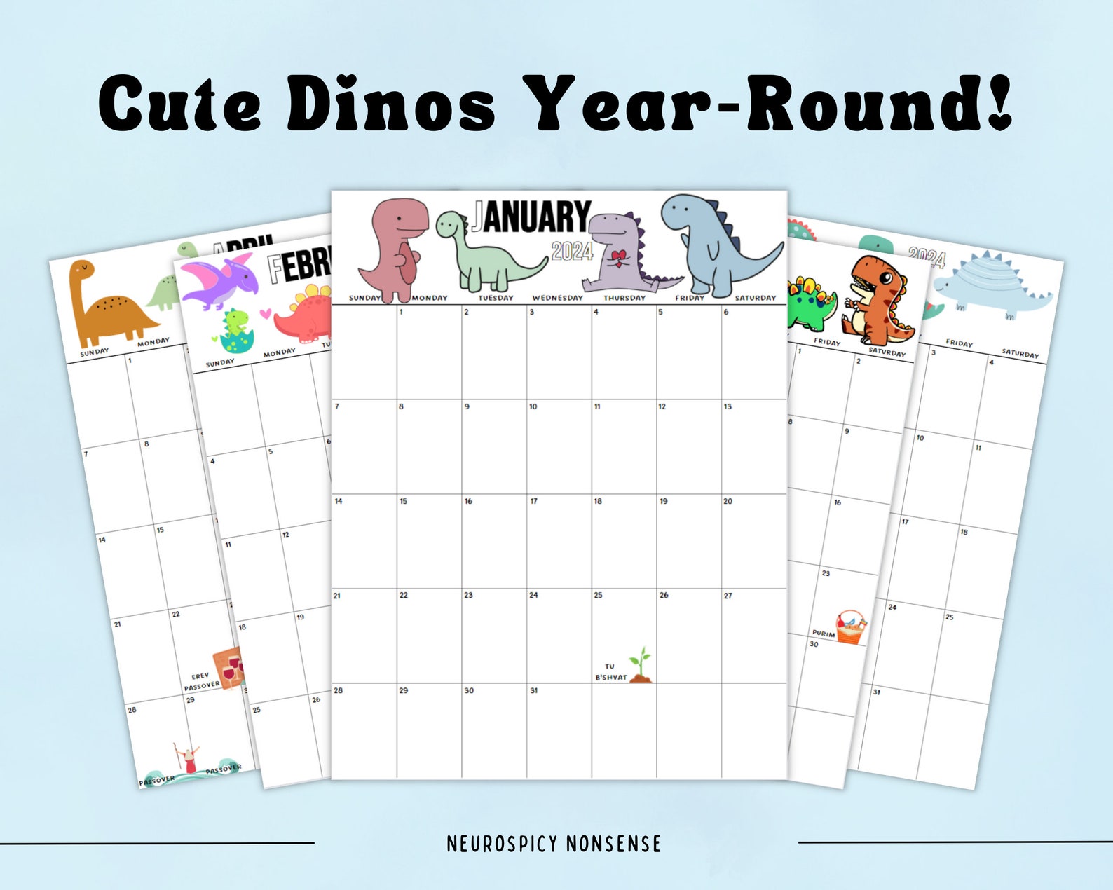 Dinosaur Calendar | Printable 2024 Calendar | Cute Dinosaur Calendar ...